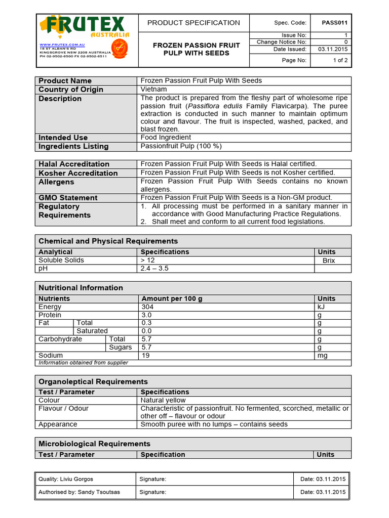 Frozen Passion Fruit Pulp Specification | PDF | Foods | Nutrition Facts ...