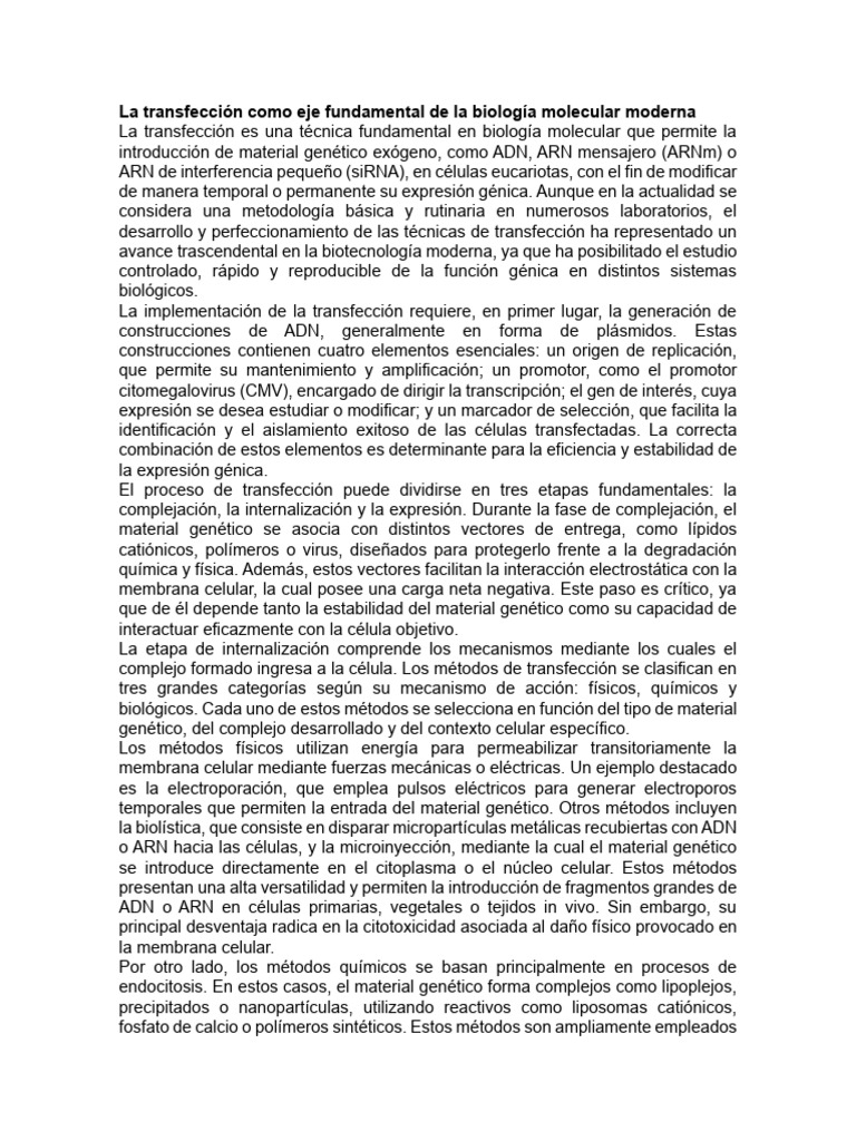 La Transfección Como Eje Fundamental de La Biología Molecular Moderna ...
