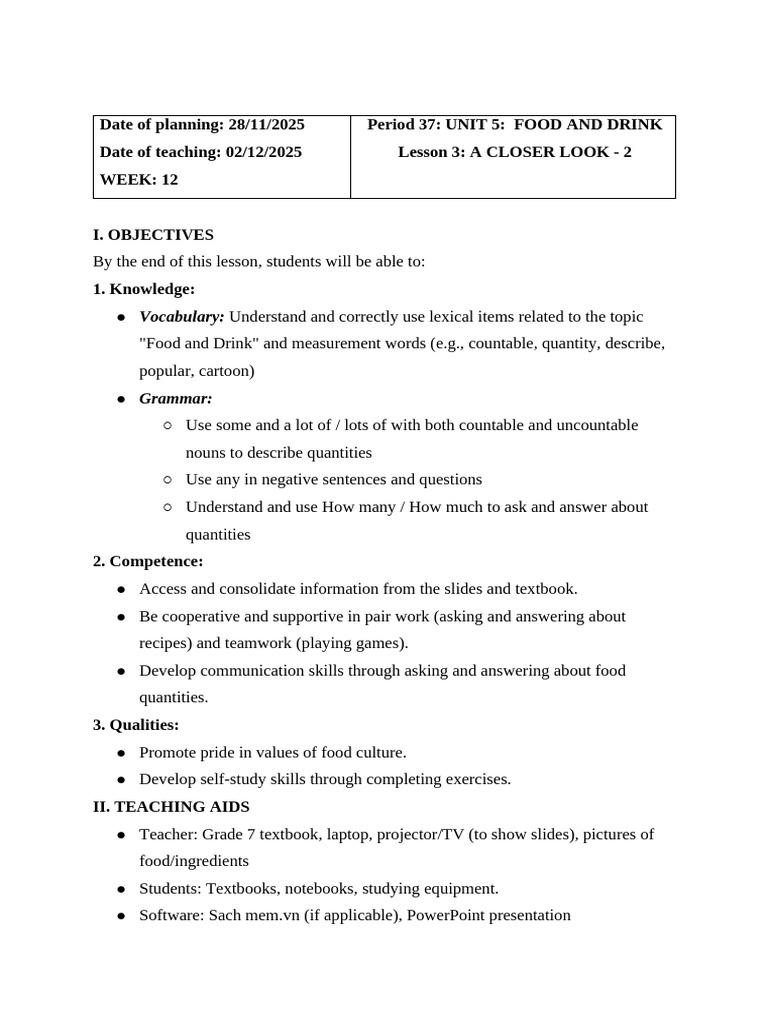 Food and Drink Lesson Plan for Grade 7 | PDF | Noun | Quantity