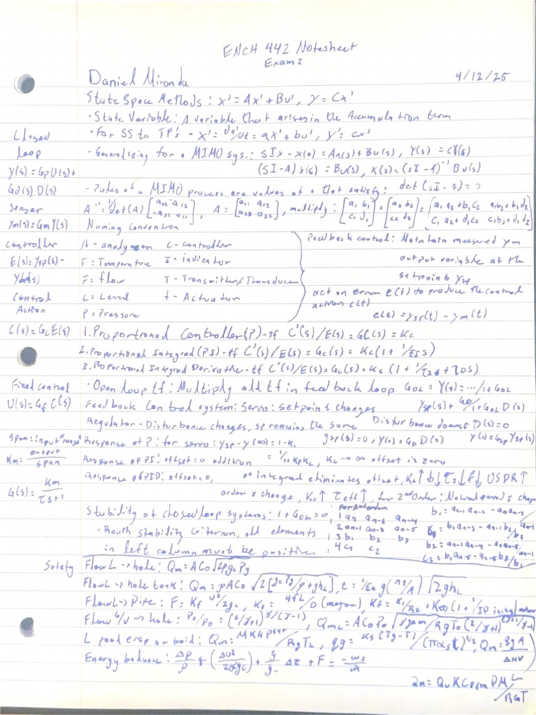 Miranda, Daniel ENCH 442 Exam 2 Notesheet | PDF