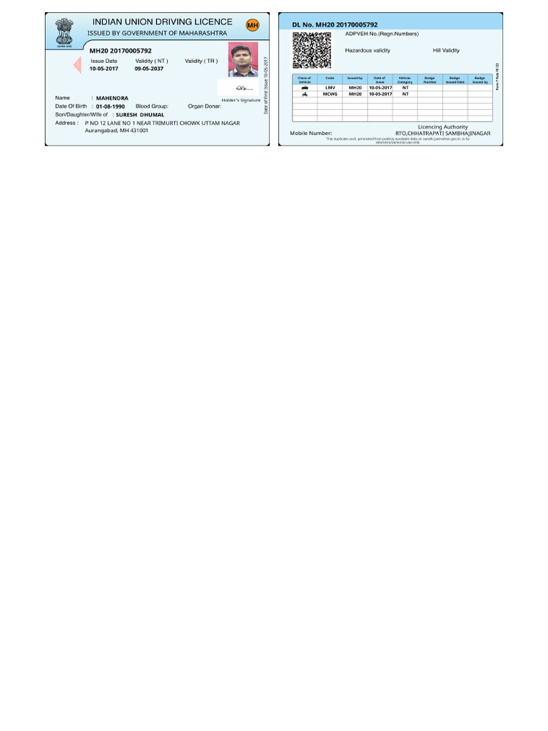 MH2020170005792 Driving License | PDF