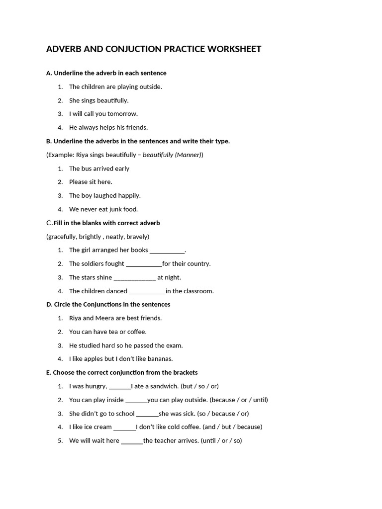 Adverb and Conjunction Practice Worksheet | PDF