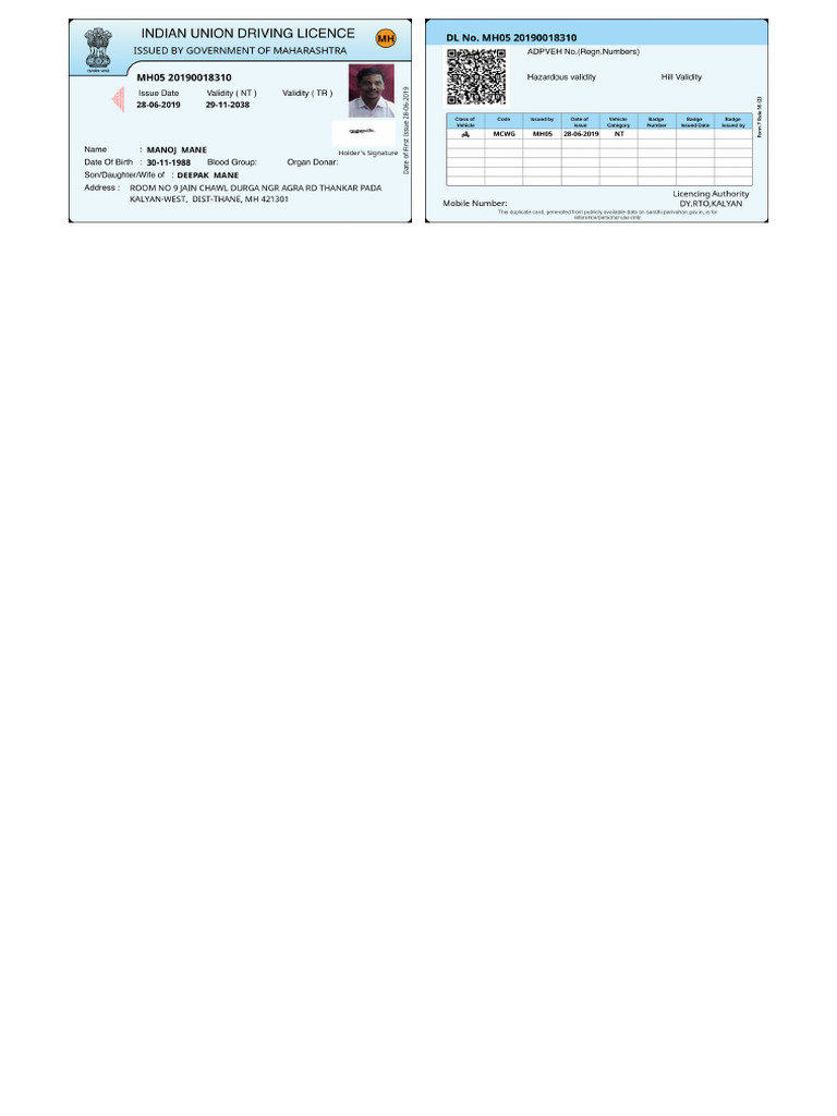 MH0520190018310 Driving License | PDF