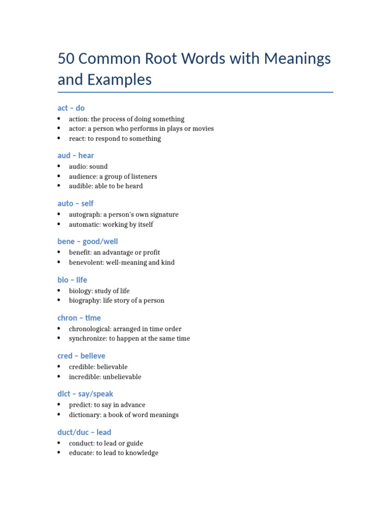 Root Words With Meanings and Examples | PDF