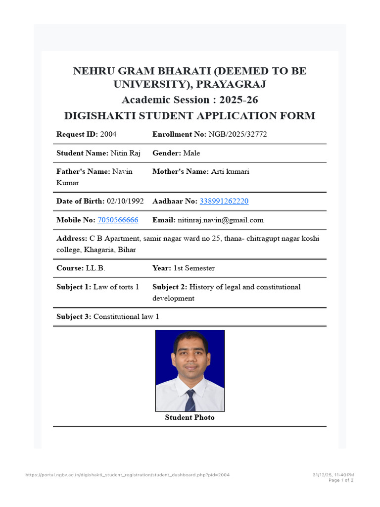 Student Dashboard Nehru Gram Bharati (Deemed To Be University) | PDF