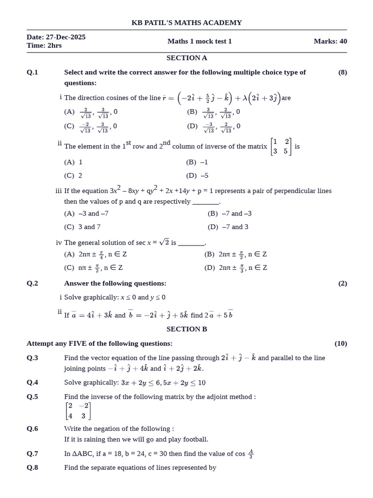 Maths Mock Test 1 for KB Patil Academy | PDF | Matrix (Mathematics ...