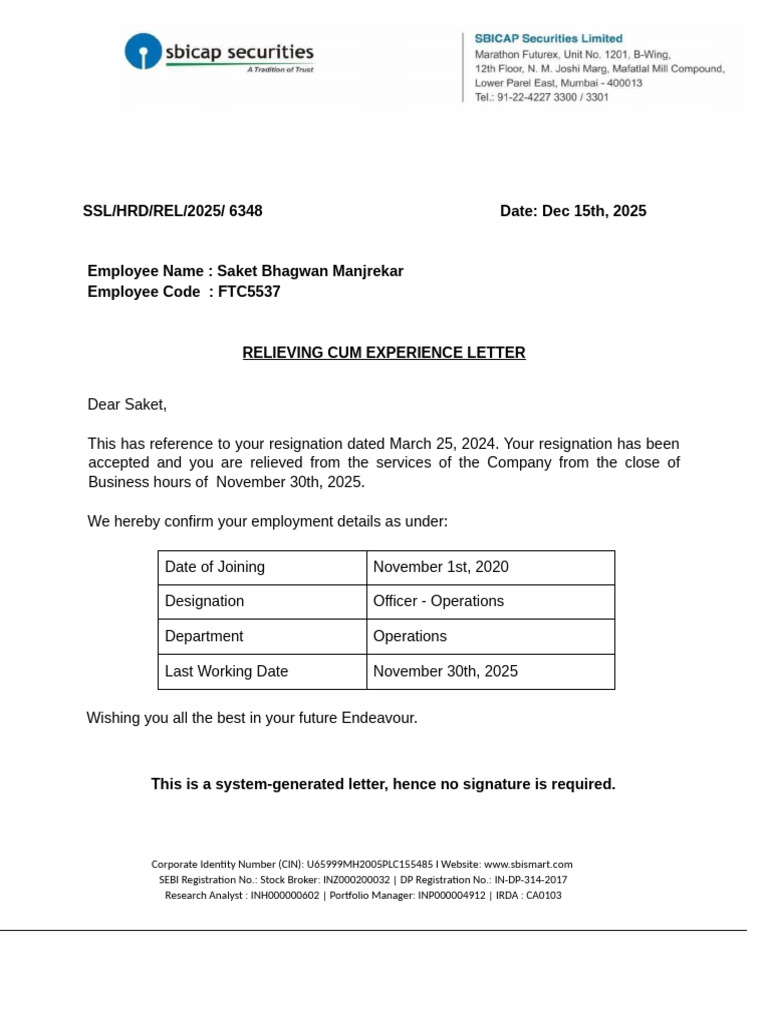 Experience Letter Sbi | PDF