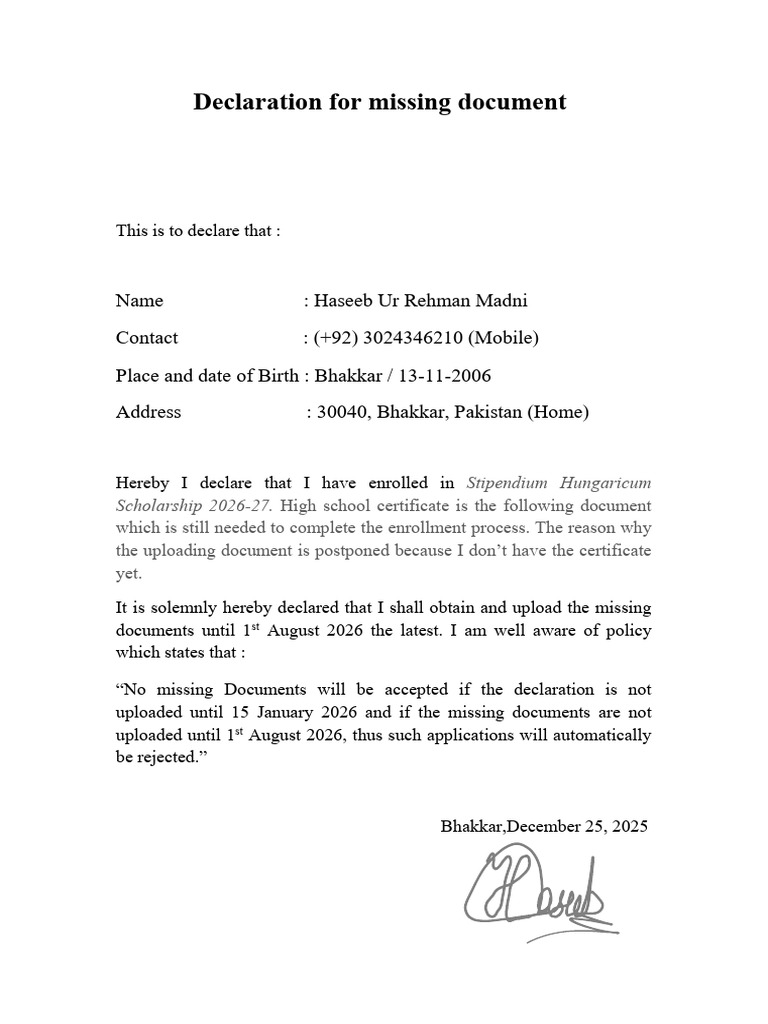 Declaration for Missing High School Certificate | PDF