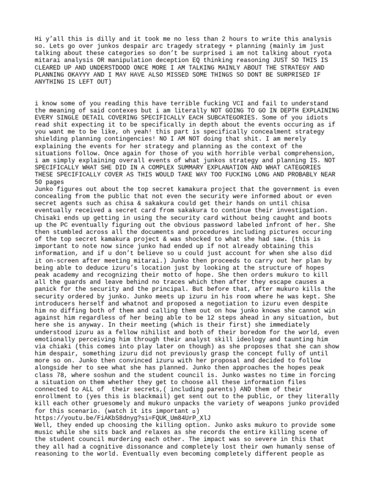 Dillys Analysis - Junkos Despair Arc Strategy & Planning | PDF