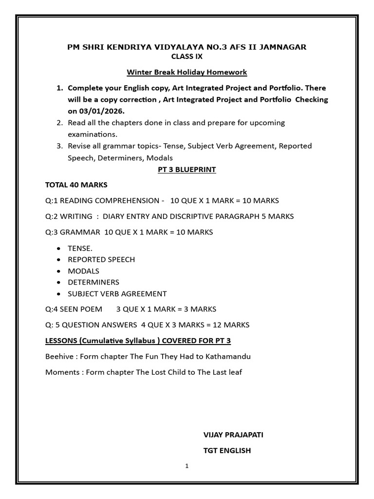 PT 3 Blueprint Syllabus Class 9 Eng | PDF