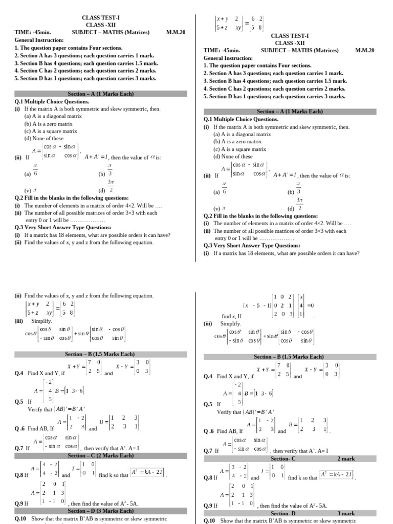 CL-12 MATH CT-1 CH-1 (Matrices) Final | PDF | Matrix (Mathematics ...