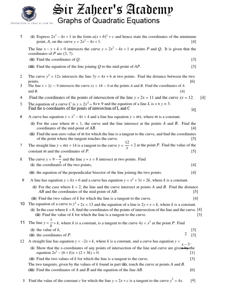 As Physics Graphs of Quadratic Equations WS | PDF | Tangent | Analytic ...