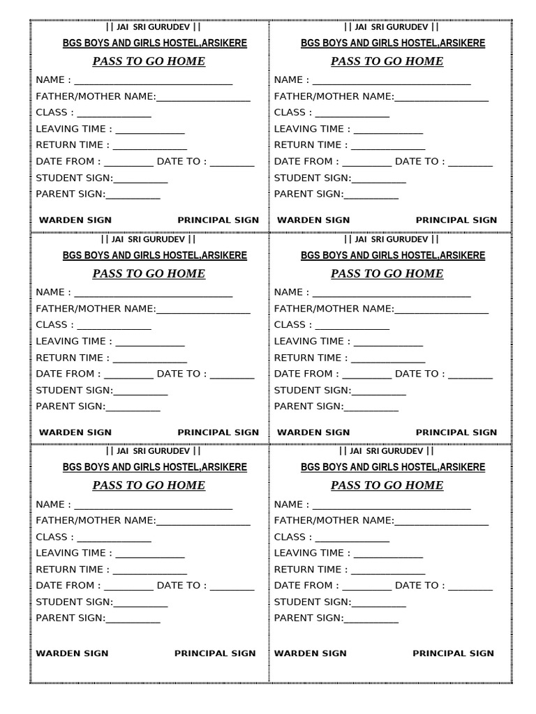Hostel Gate Pass Template for Students | PDF