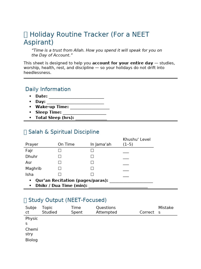 Holiday Routine Tracker - Neet Aspirant | PDF | Prayer