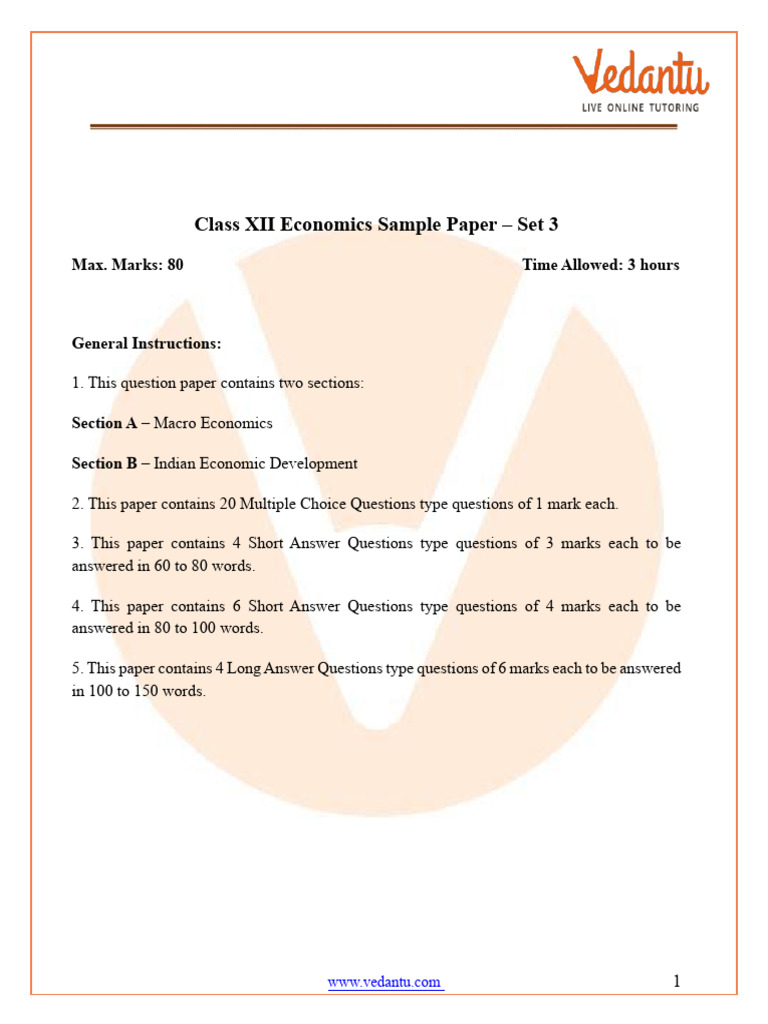 Class XII Economics Sample Paper Set 3 | PDF | Government Budget ...