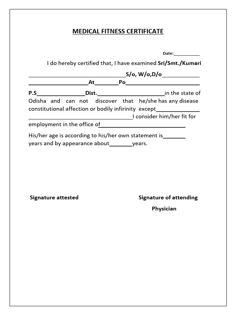 Medical Fitness Certificate Template | PDF