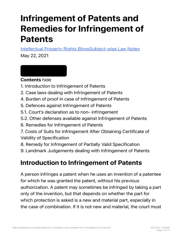 Infringement of Patents and Remedies For Infringement of Patents | PDF ...