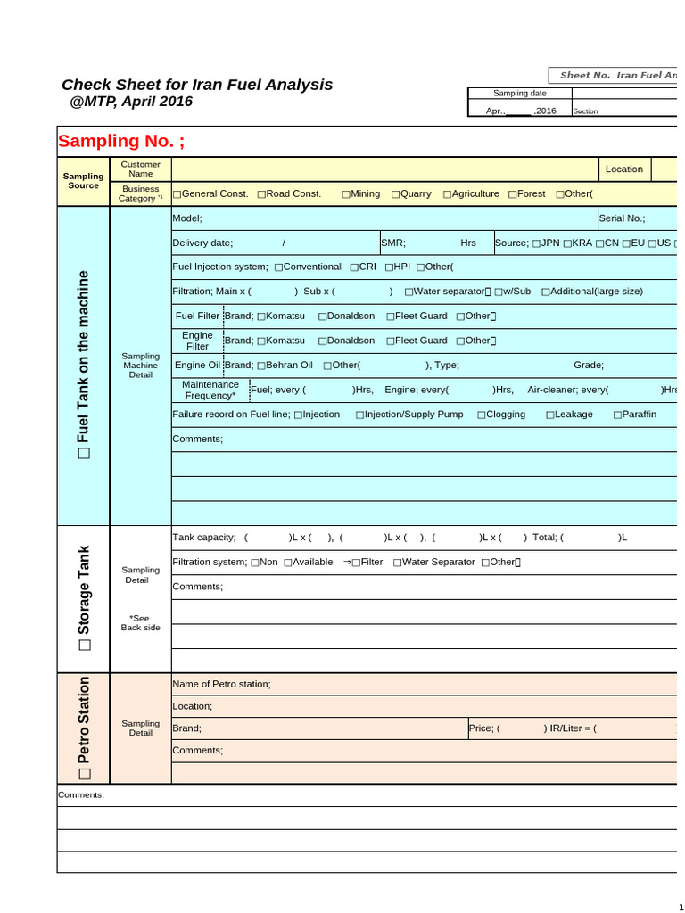 Fuel Sampling Sheet 20160413 | PDF | Brand | Mechanical Engineering