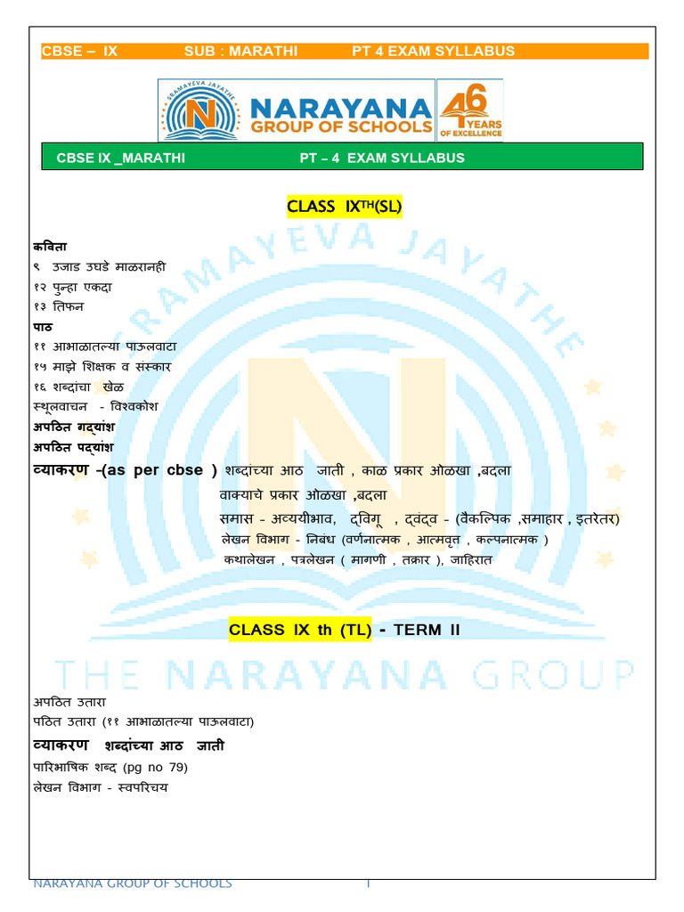 Marathi Grade Ix (SL) (TL) Final Exam Syllabus | PDF