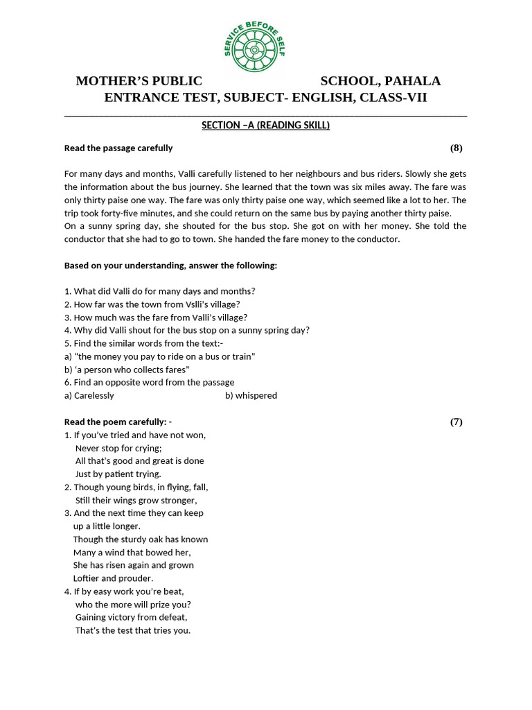 English Entrance Test for Class VII | PDF | Grammar | Linguistics