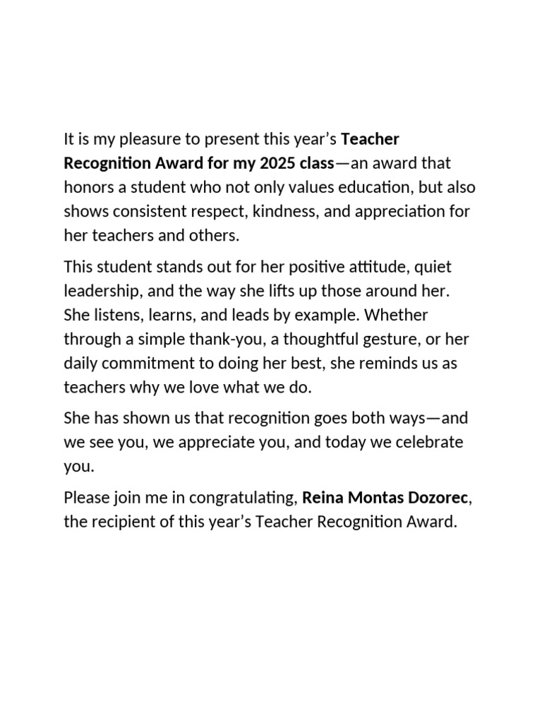 2025 Teacher Recognition Award Winner | PDF
