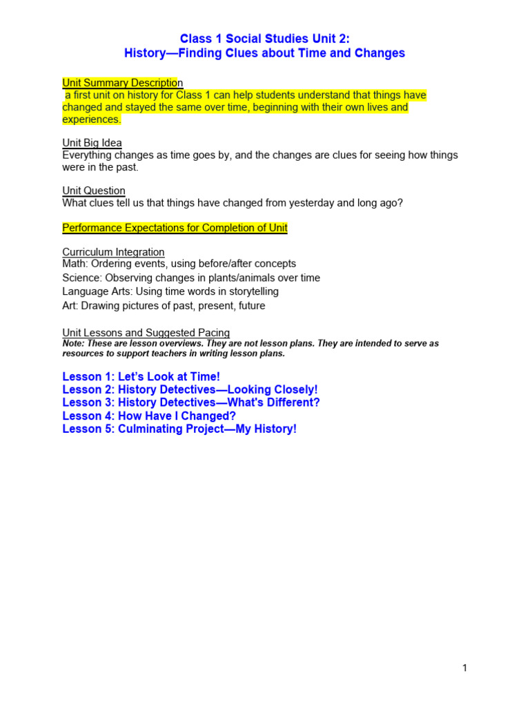 Class 1 Social Studies Unit 2 - History-Finding Clues About Time and Changes | PDF | Teaching ...