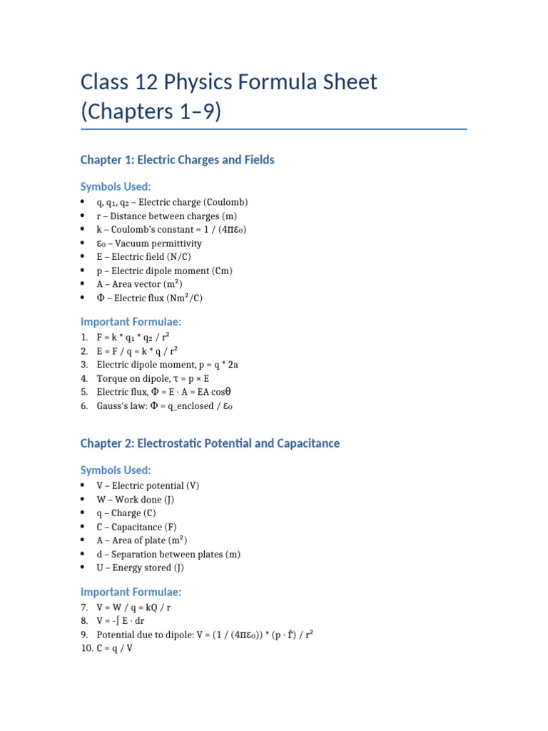 Class 12 Physics Formula Sheet | PDF | Inductance | Electricity