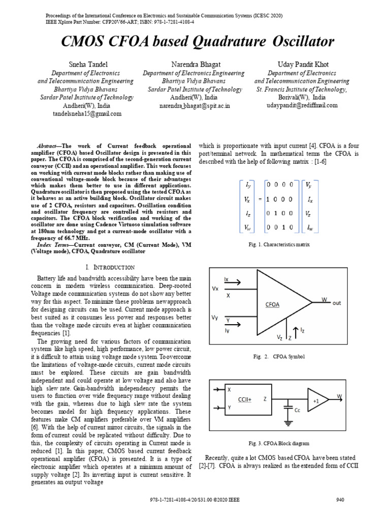CFOA-Based Quadrature Oscillator Design | PDF