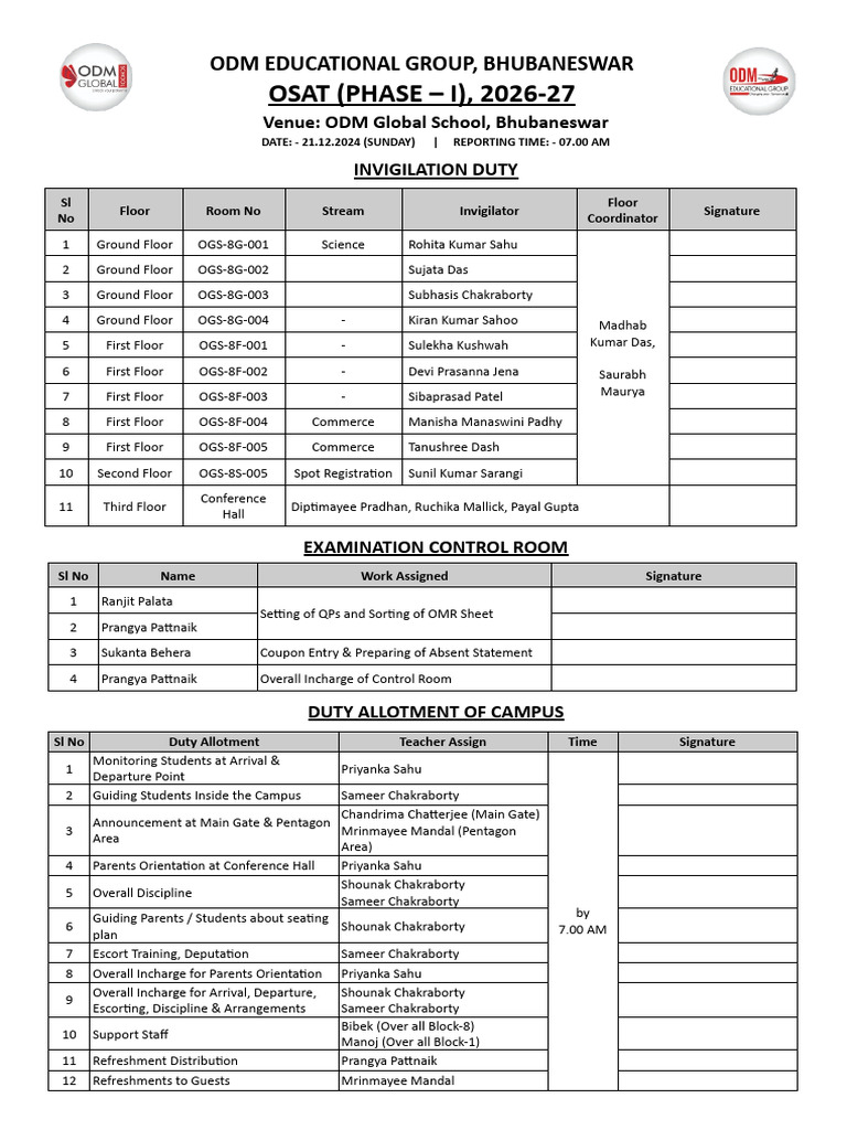 Invigilator Duty List - Google Docs-1 | PDF