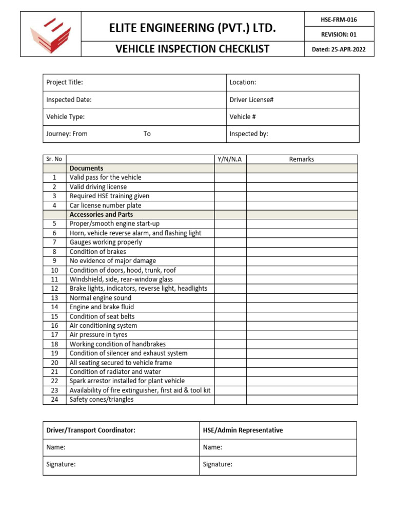 Vehicle Inspection Checklist Template | PDF