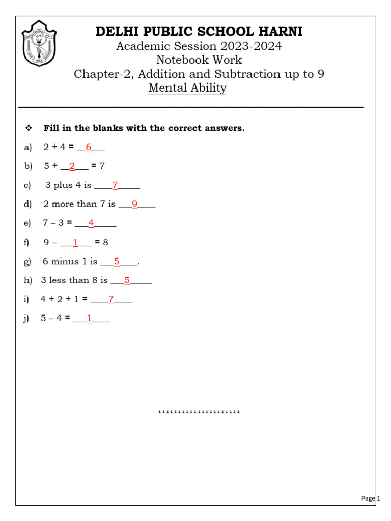 Notebook Work Chapter 2 Addition and Subtraction Up To 9 Mental Ability ...
