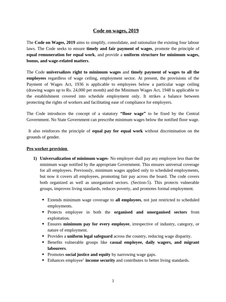 Code on Wages 2019: Key Provisions Explained | PDF