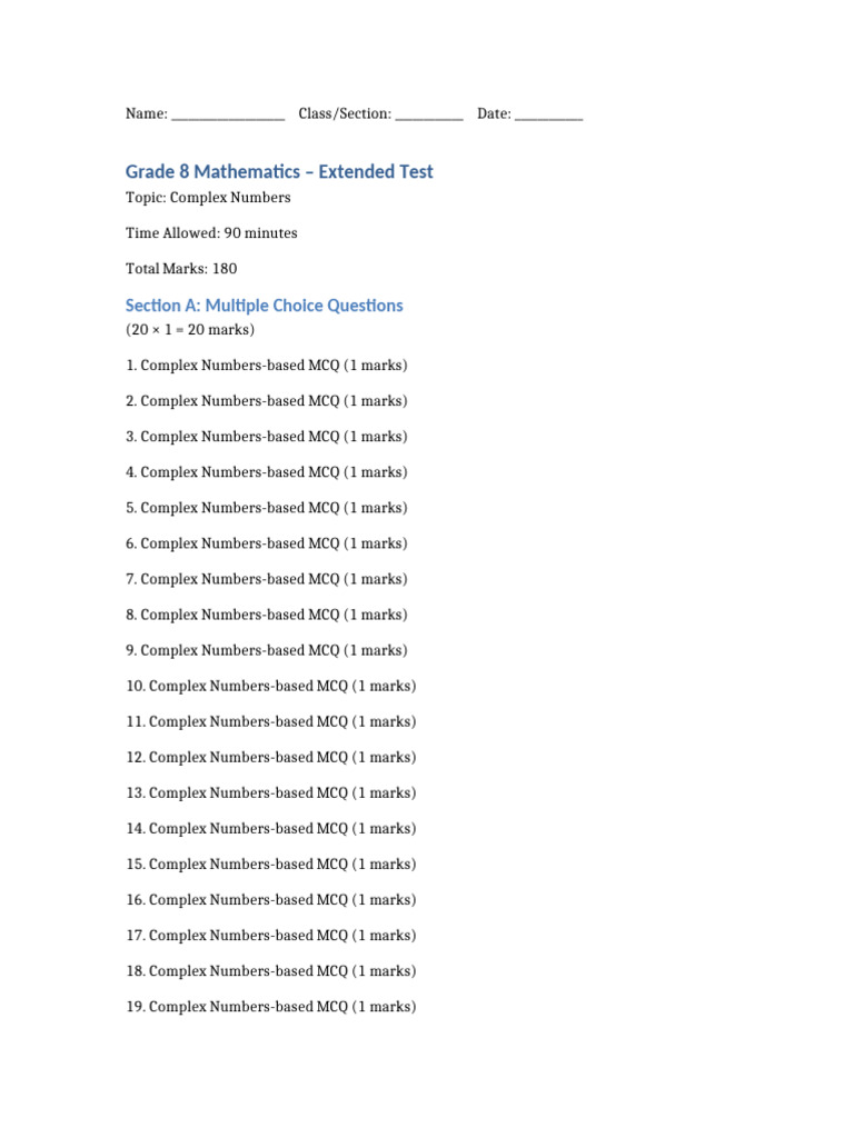 Grade 8 Extended Test Complex Numbers | PDF | Multiple Choice | Chess