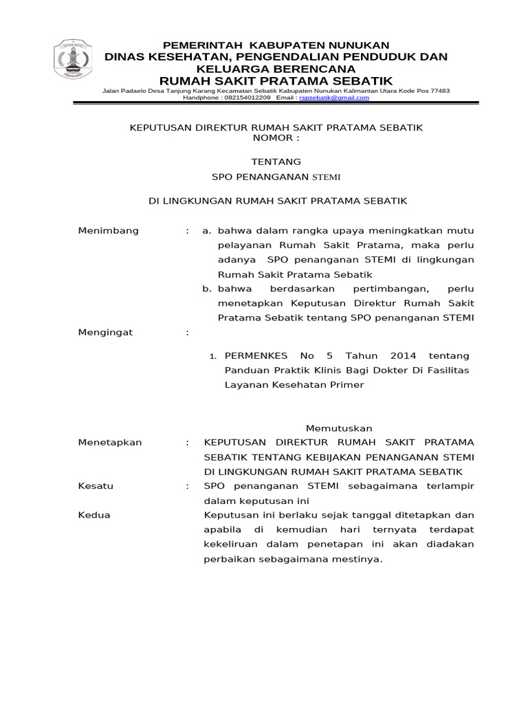 Kebijakan Penanganan STEMI RS Pratama Sebatik | PDF