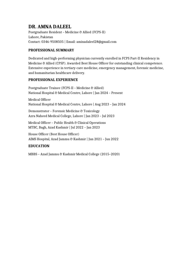 DR Amna Daleel UK Style CV | PDF