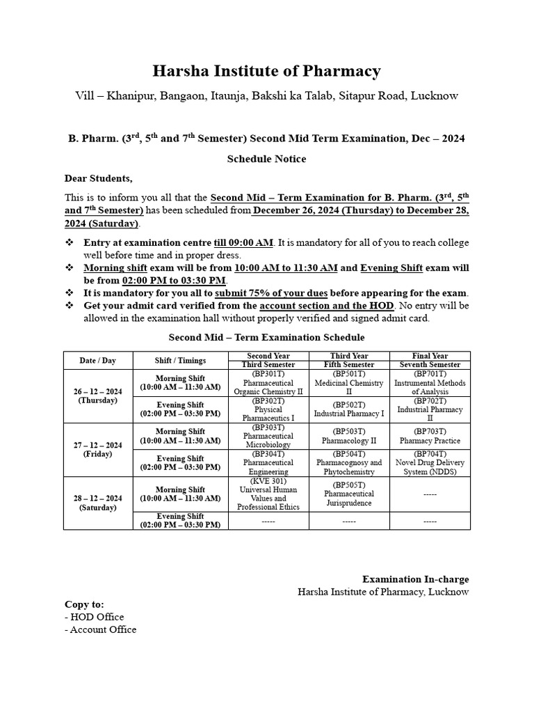 B. Pharm. Odd Sem Second Mid - Term Exam Notice Dec 2024 | PDF ...