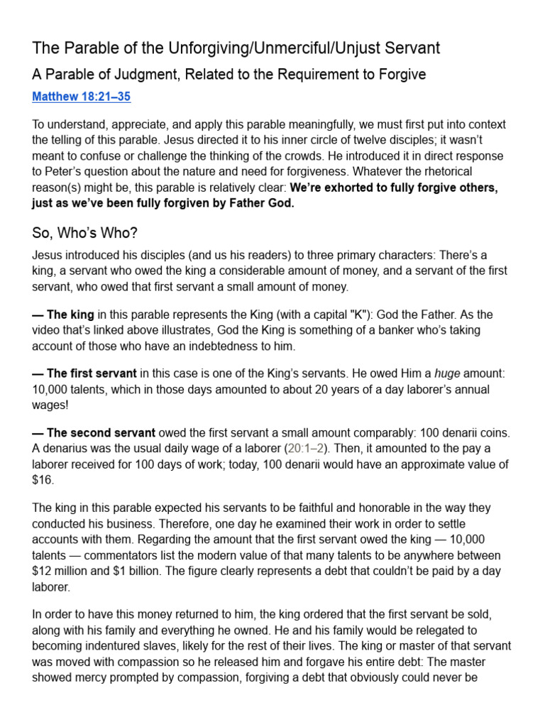 Understanding the Unforgiving Servant Parable | PDF | Forgiveness ...