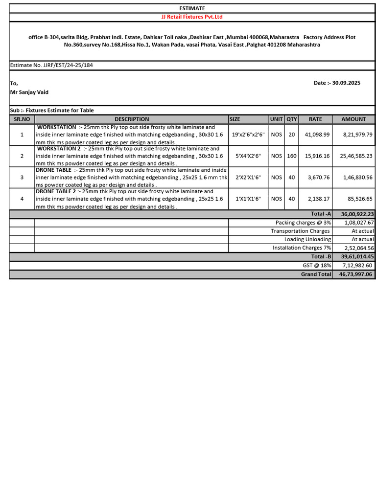 Fixture Estimate For Table at Mumbai | PDF