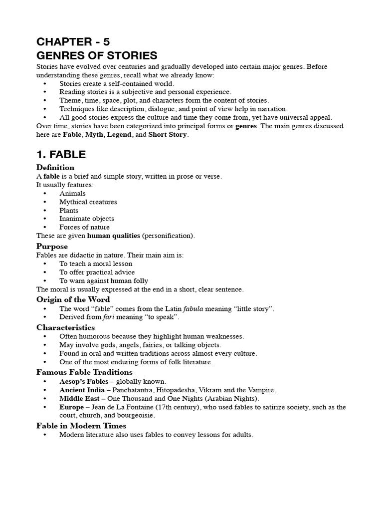 Major Story Genres: Fables, Myths, Legends, Short Stories | PDF | Fable ...