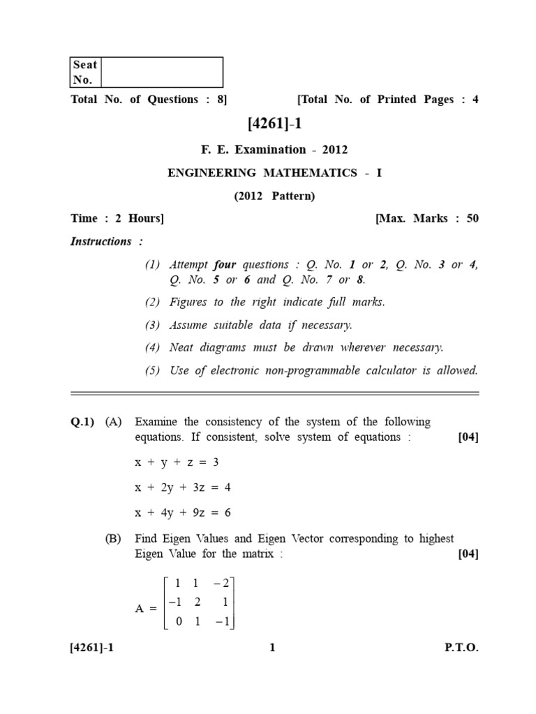 Engineering Mathematics Exam 2012 Questions | PDF | Transformer | Capacitor