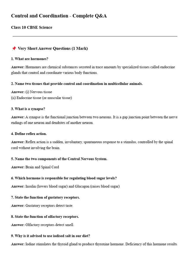 Control and Coordination - Questions & Answers (Class 10 CBSE) | PDF ...