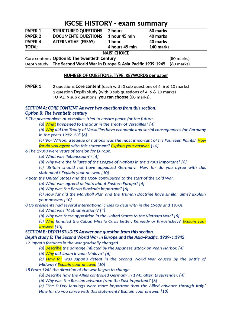 IGCSE History Exam Overview and Tips | PDF | World War II | Essays