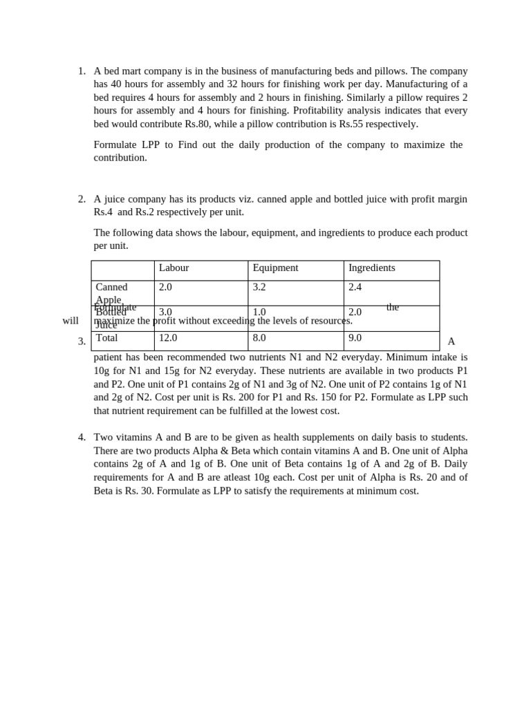 LPP Formulations for Production Optimization | PDF