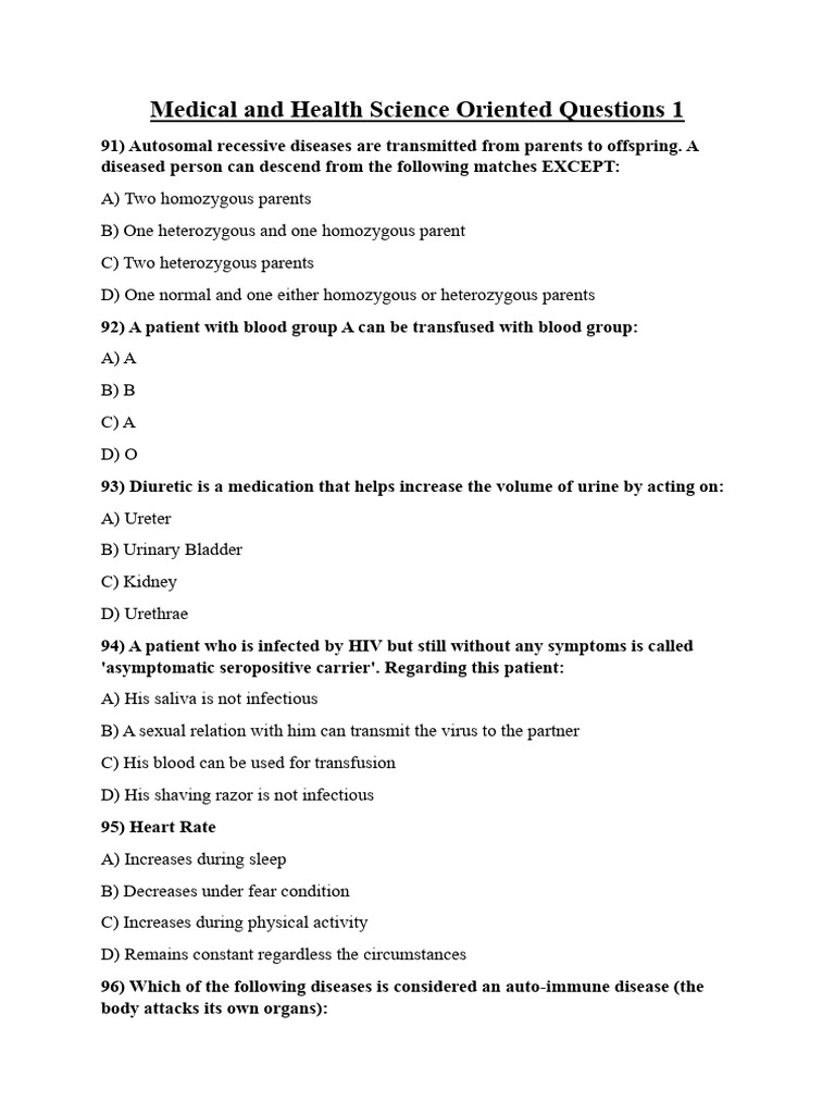 Medical and Health Science Oriented Questions 1 | PDF | Urine ...
