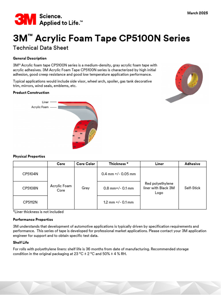 3M Acrylic Foam Tape CP5100N Data Sheet | PDF | Implied Warranty ...