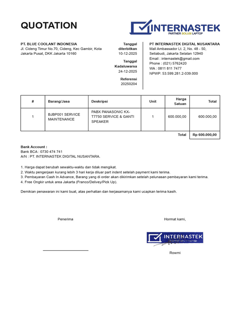 Penawaran Servis PABX Panasonic Jakarta | PDF
