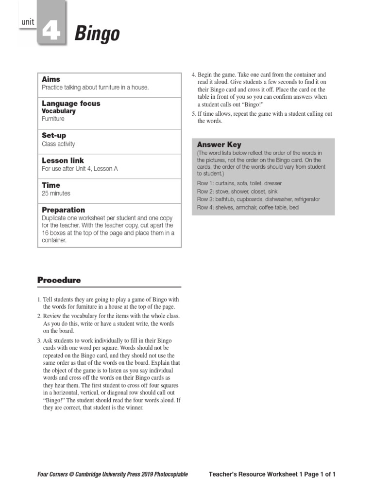 Four Corners Level 2 Unit 4 Bingo Worksheet 1 | PDF