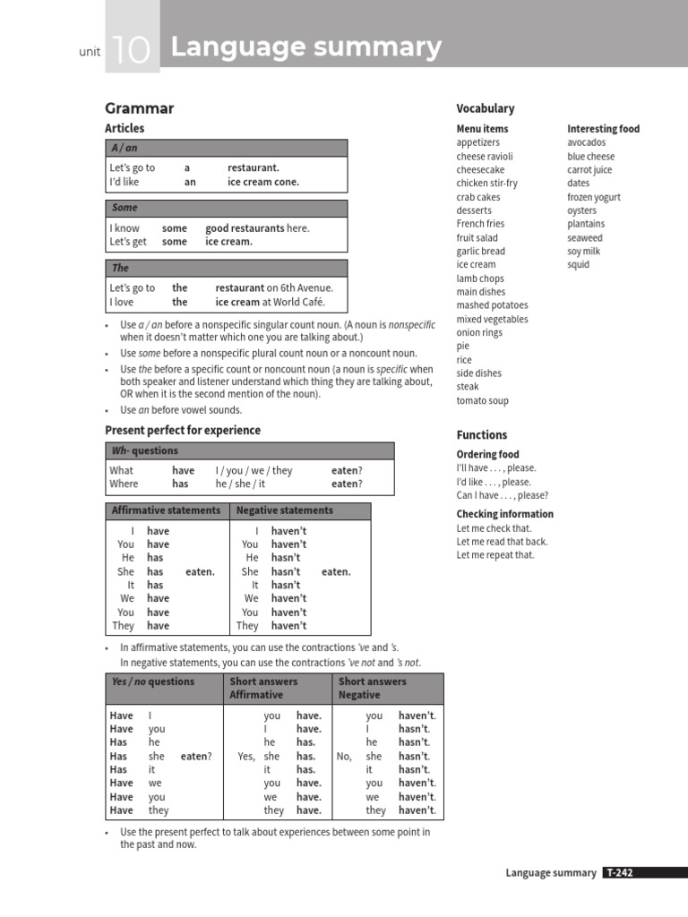 Four Corners Level 2 Unit 10 Language Summary | PDF | Western Cuisine ...