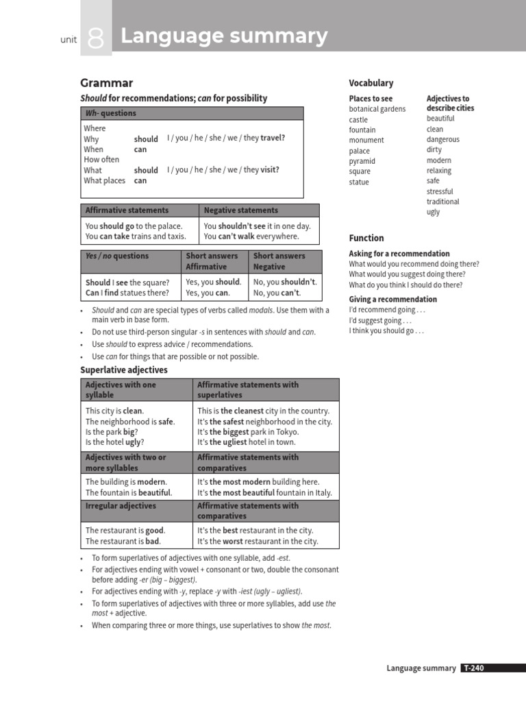 Four Corners Level 2 Unit 8 Language Summary | PDF | Linguistic ...
