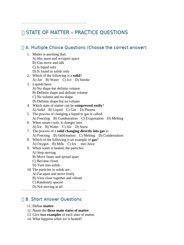 Practice Questions on States of Matter | PDF